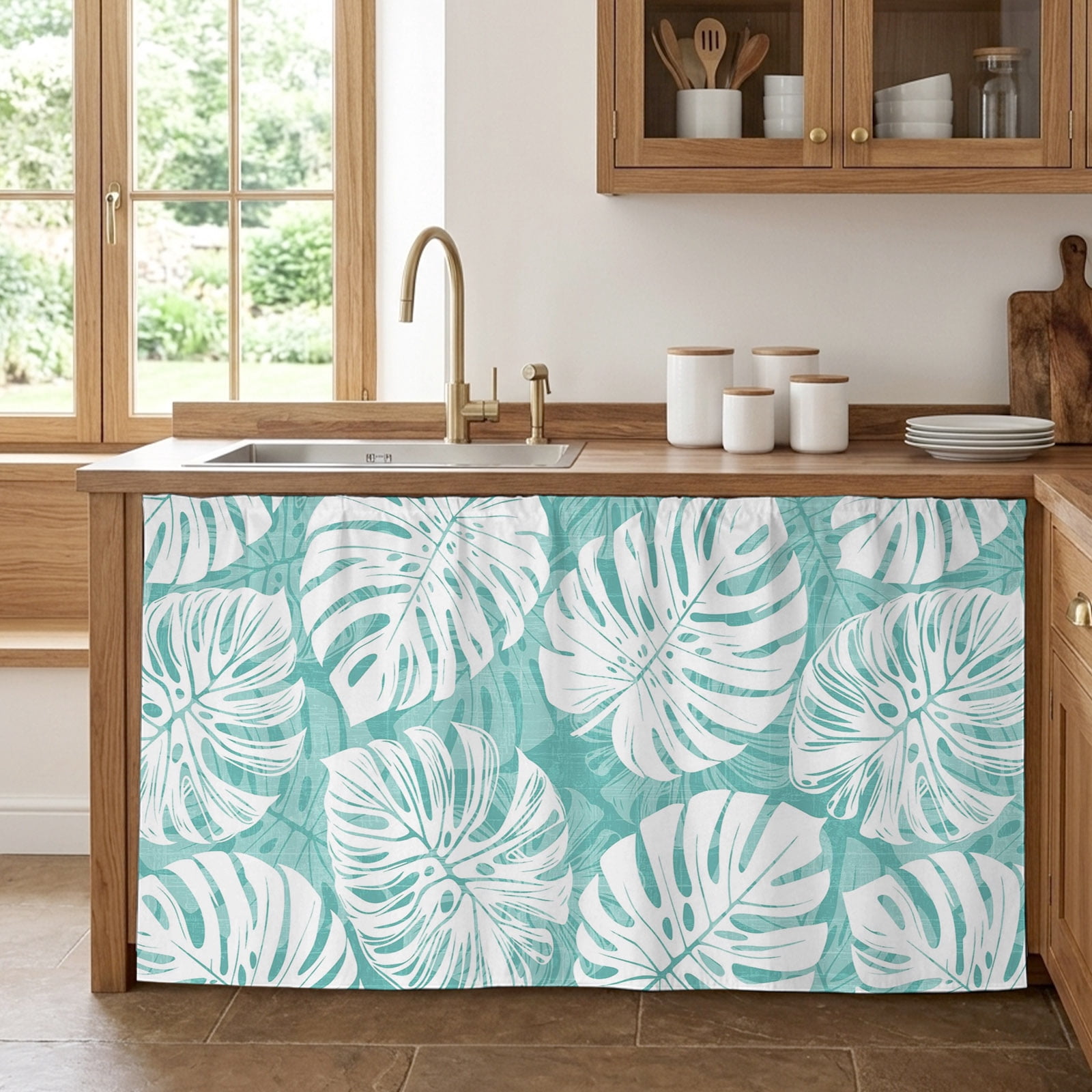 Aqua Leaf Cabinet Curtains 28" W x 51" L, Tropical Country Watercolor ...