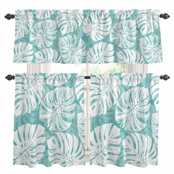 Aqua Leaf Kitchen Curtains Set for Windows, Tropical Country Watercolor ...