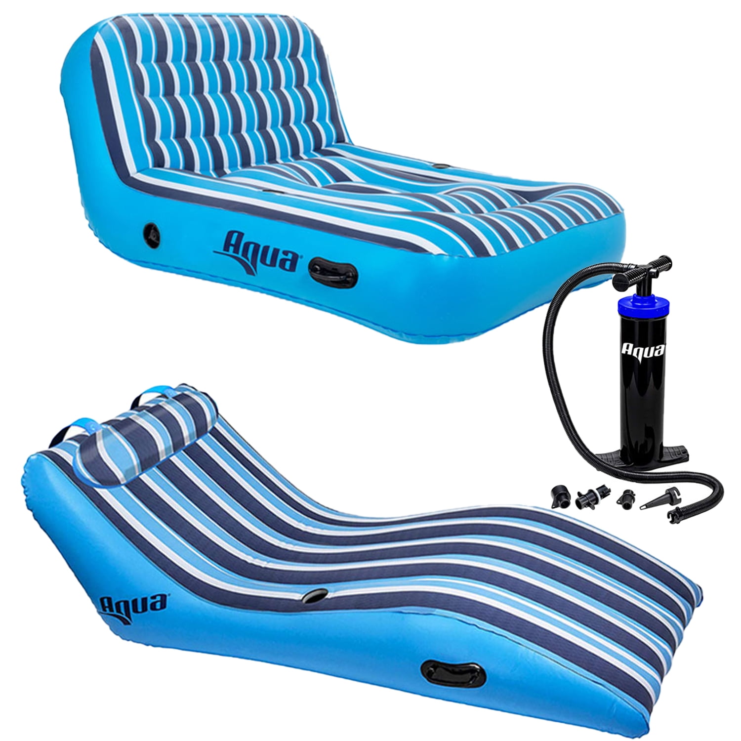 Aqua Lounge 1 Person Pool Float & 2 Person Pool Float & Hand Pump, Blue ...