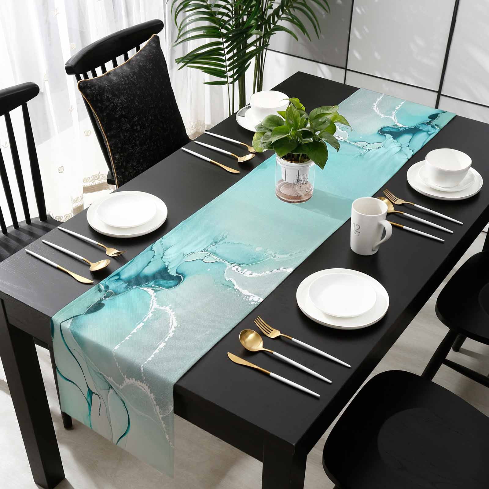 Aqua Marble Table Runner 90 Inches Long, Modern Abstract Gradient Water ...