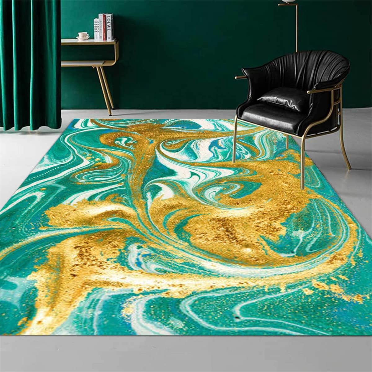 Aqua & Metallic Gold Abstract Pattern Area Rug For Living Room Vintage ...