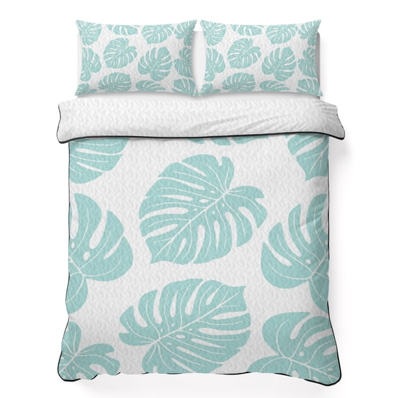 Aqua Monstera Leaf 3 Piece Quilt Bedding Set with 2 Pillow Shams ...