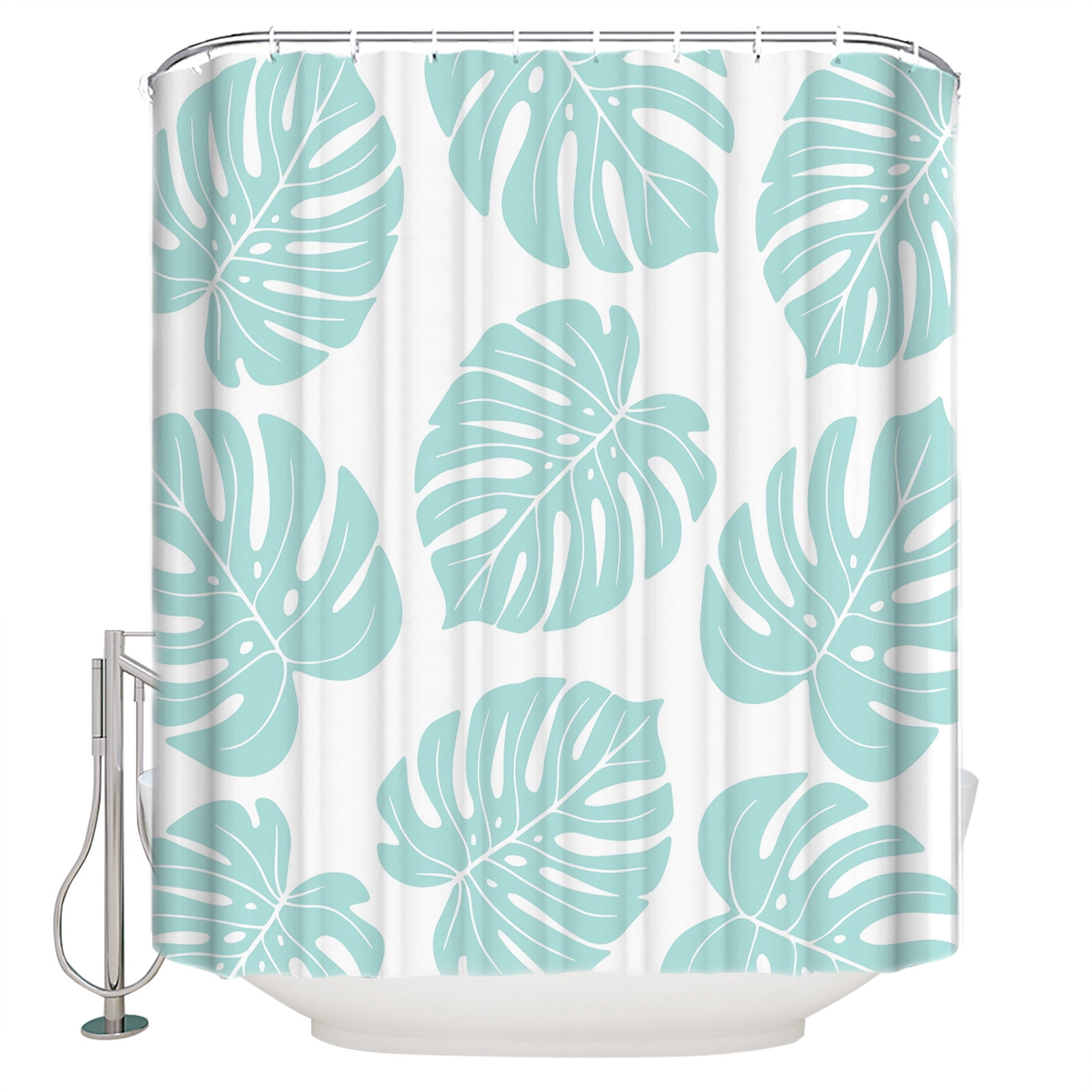 Aqua Monstera Leaf Bathroom Shower Curtains with 12 Hooks Polyester ...