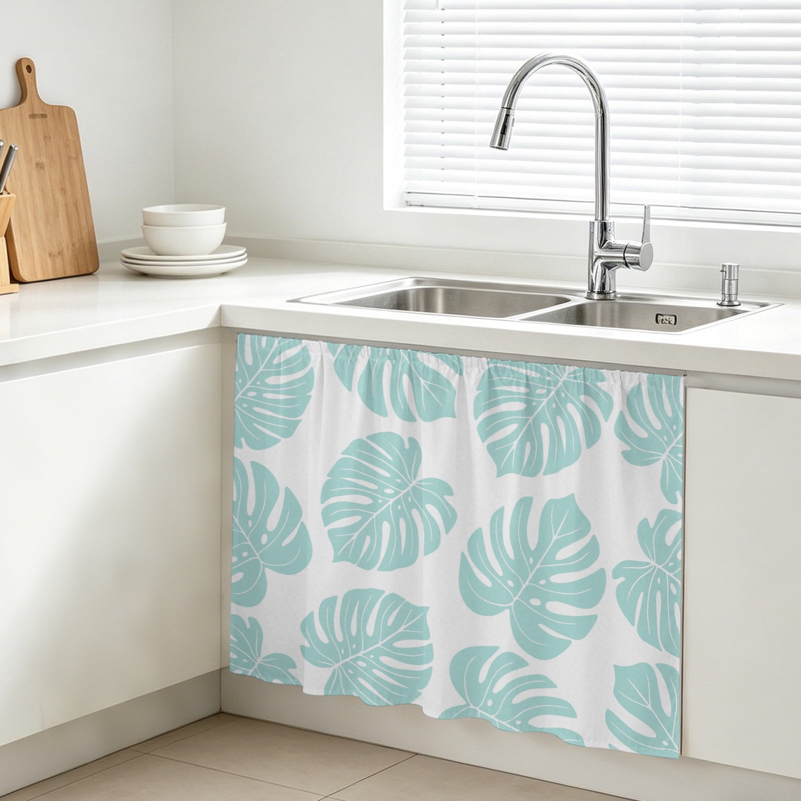 Aqua Monstera Leaf Cabinet Curtain, Summer Tropical Botanical ...