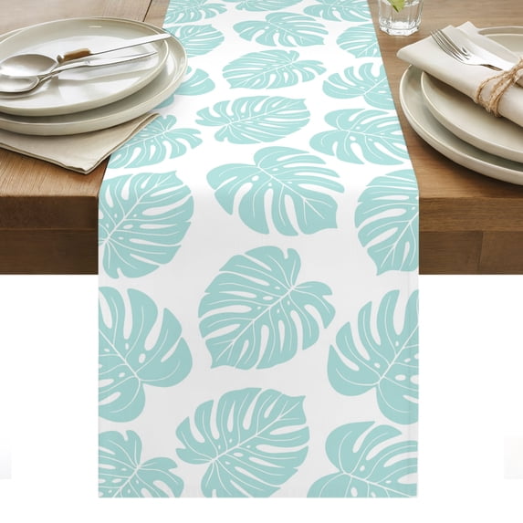 Aqua Monstera Leaf Cotton Linen Table Runner Summer Tropical Botanical ...