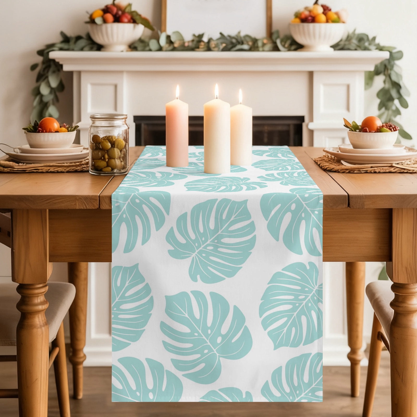 Aqua Monstera Leaf Dining Table Runner, Summer Tropical Botanical ...