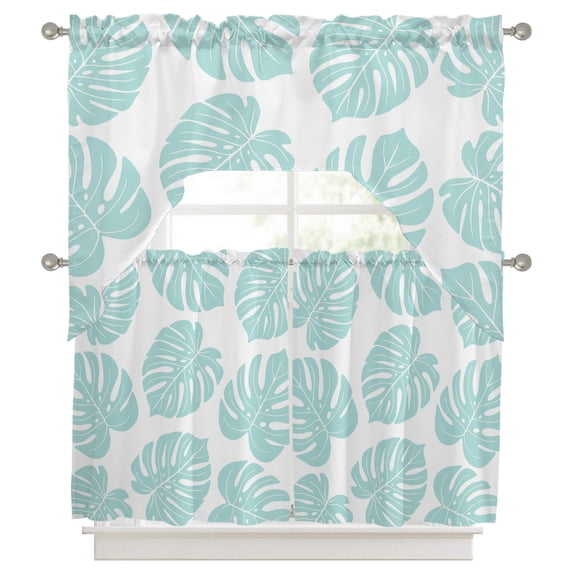 Aqua Monstera Leaf Kitchen Curtains Swag Valance and Tier Curtains Set ...