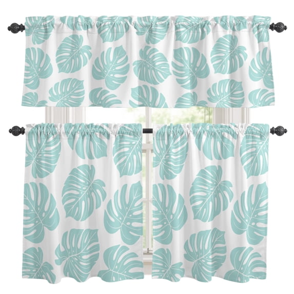 Aqua Monstera Leaf Kitchen Curtains and Valances Set, Summer Tropical ...