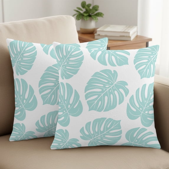Aqua Monstera Leaf Pillow Covers Set of 2, Summer Tropical Botanical ...