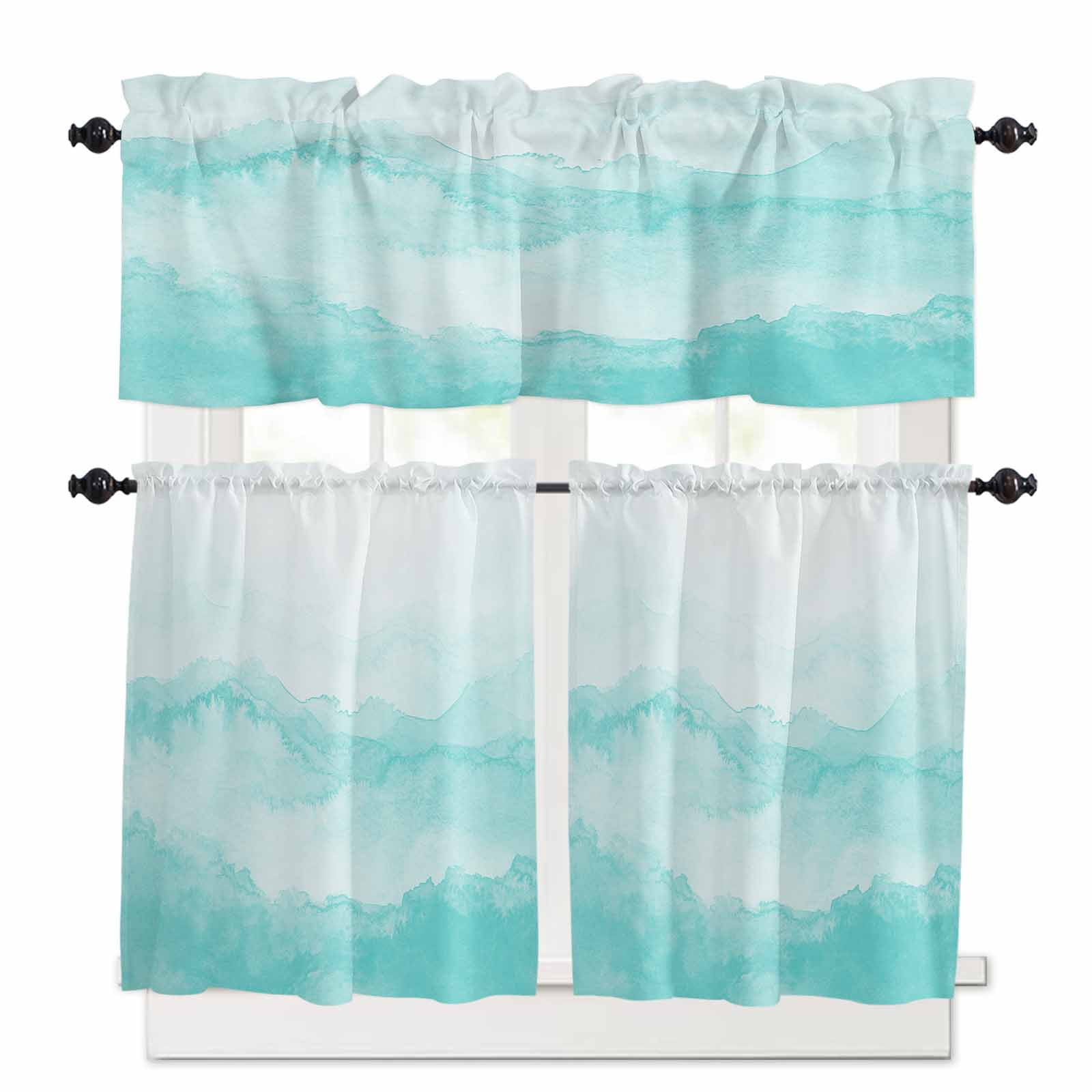 Aqua Mountain Gradient Kitchen Curtains and Valances Set, Watercolor ...