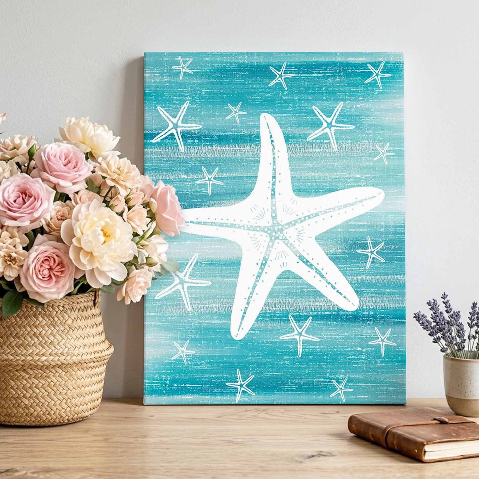 Aqua Nautical Starfish Canvas Wall Art for Living Room, Coastal Modern ...