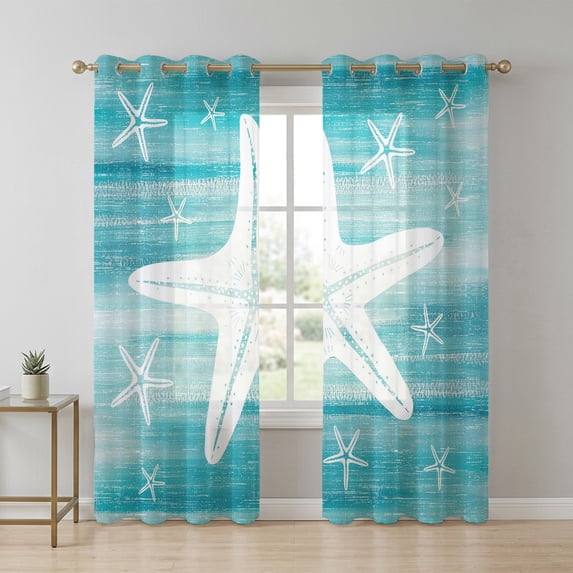 Aqua Nautical Starfish Sheer Curtains 84 Inch Long 2 Panels, Coastal ...