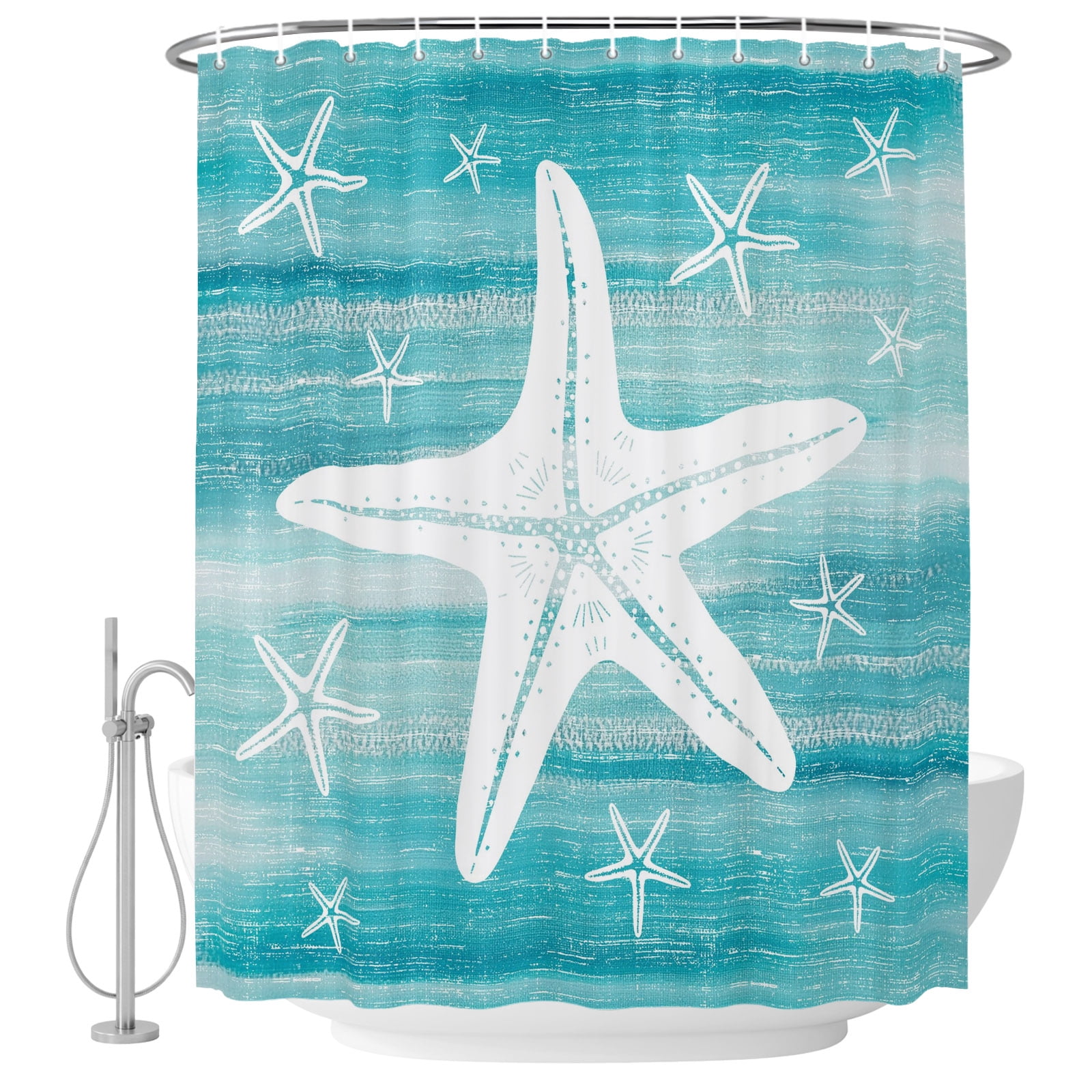 Aqua Nautical Starfish Shower Curtain for Bathroom, Coastal Modern ...