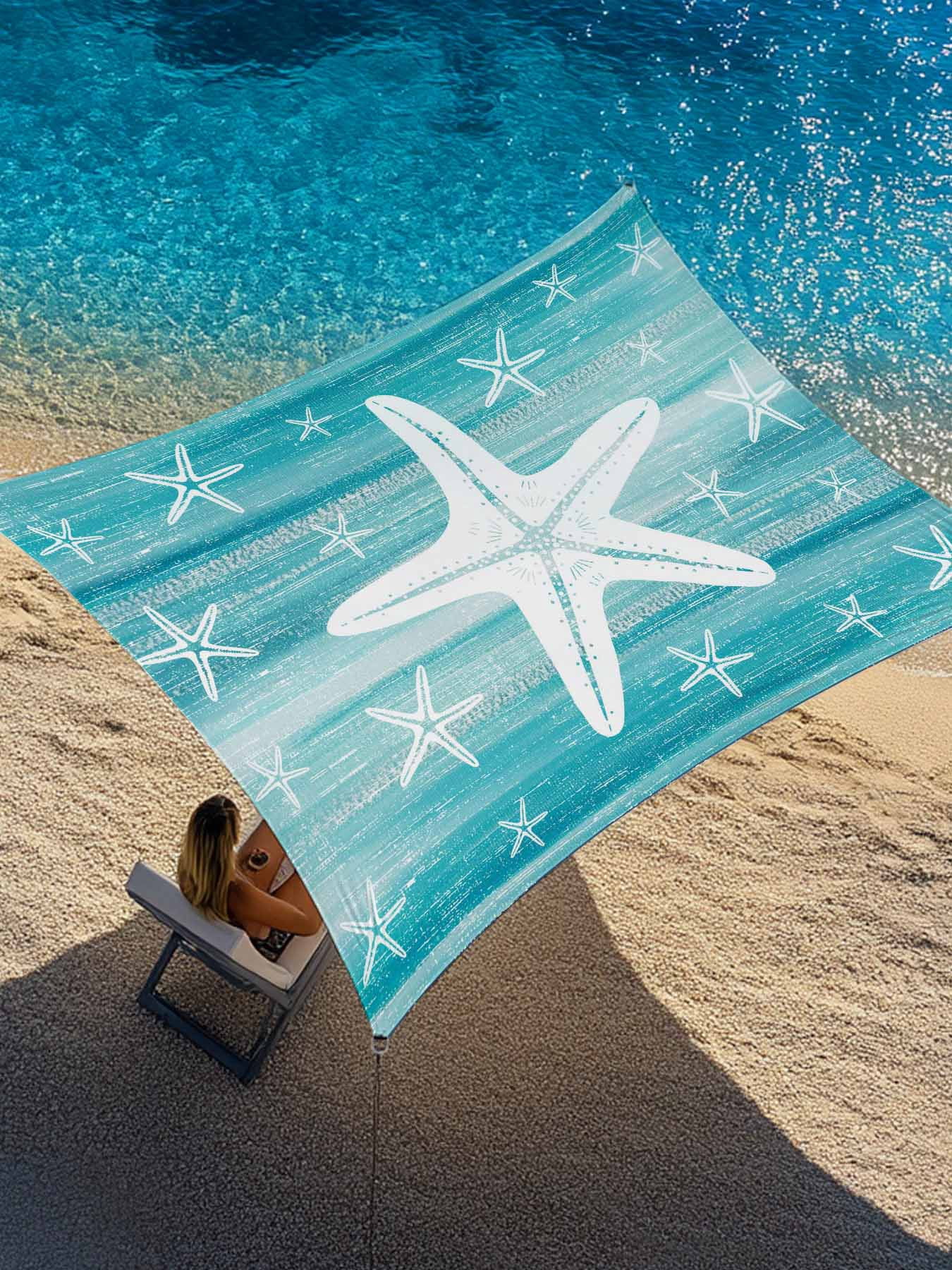 Aqua Nautical Starfish Sun Shade Sail 6.5' x 10', Coastal Modern Summer ...