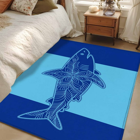 Aqua Navy Blue Shark 4x6 Area Rugs, Summer Beach Coastal Modern Art Non ...