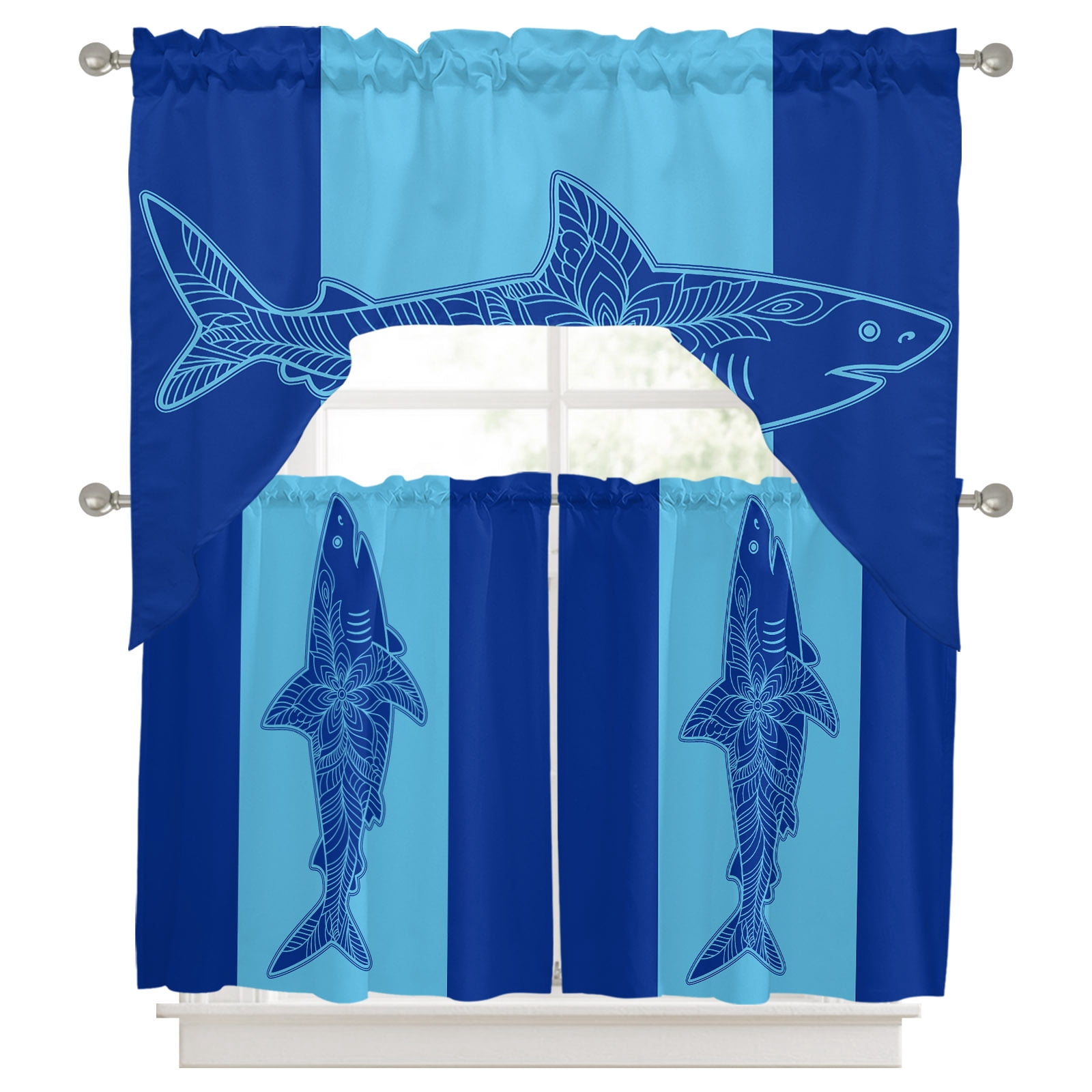 Aqua Navy Blue Shark Curtains Swag and Tiers Curtains Set, Summer Beach ...