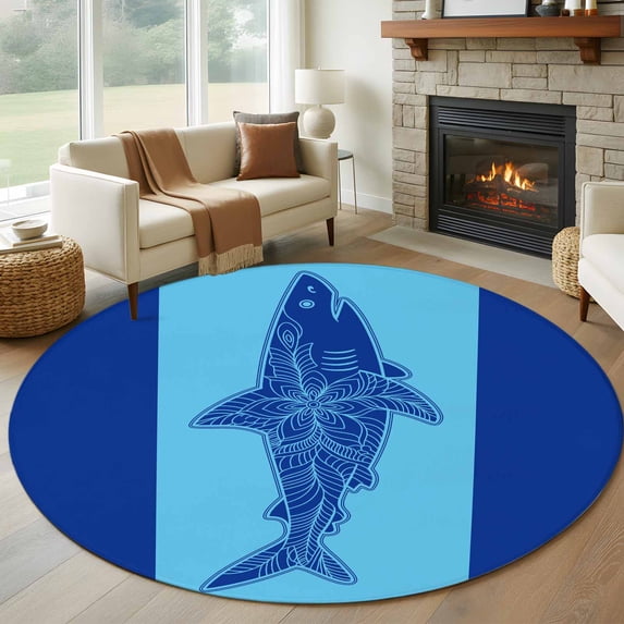Aqua Navy Blue Shark Round Rugs 8ft, Summer Beach Coastal Modern Art ...