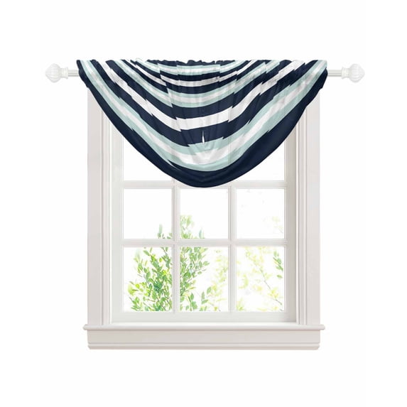 Aqua Navy Blue Striped Sheer Waterfall Valance Curtains for Window ...