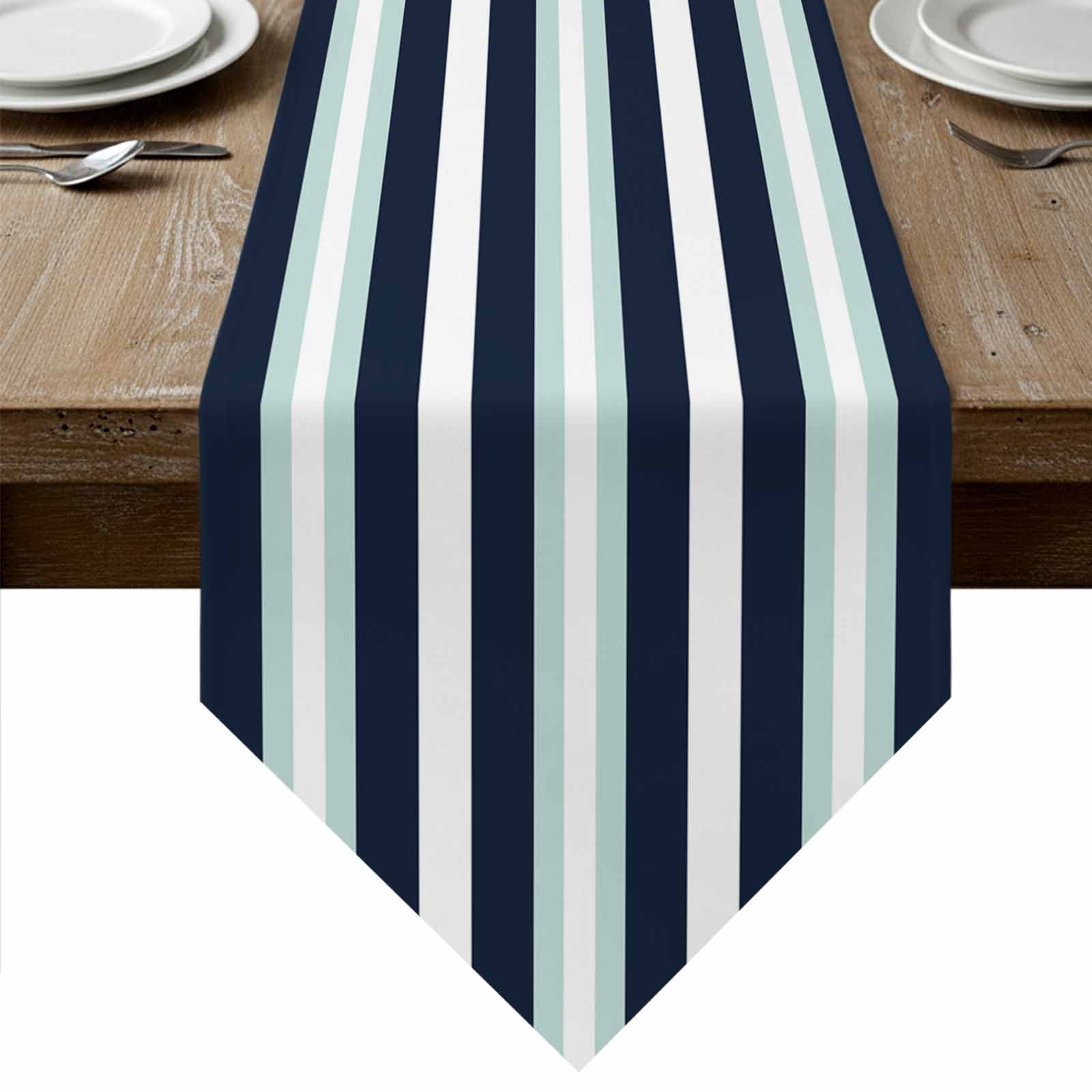Aqua Navy Blue Striped Table Runner Linen Burlap Table Runner 90 Inches ...