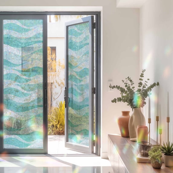 Aqua Ocean Waves Window Privacy Film Abstract Modern Ombre Stripes ...