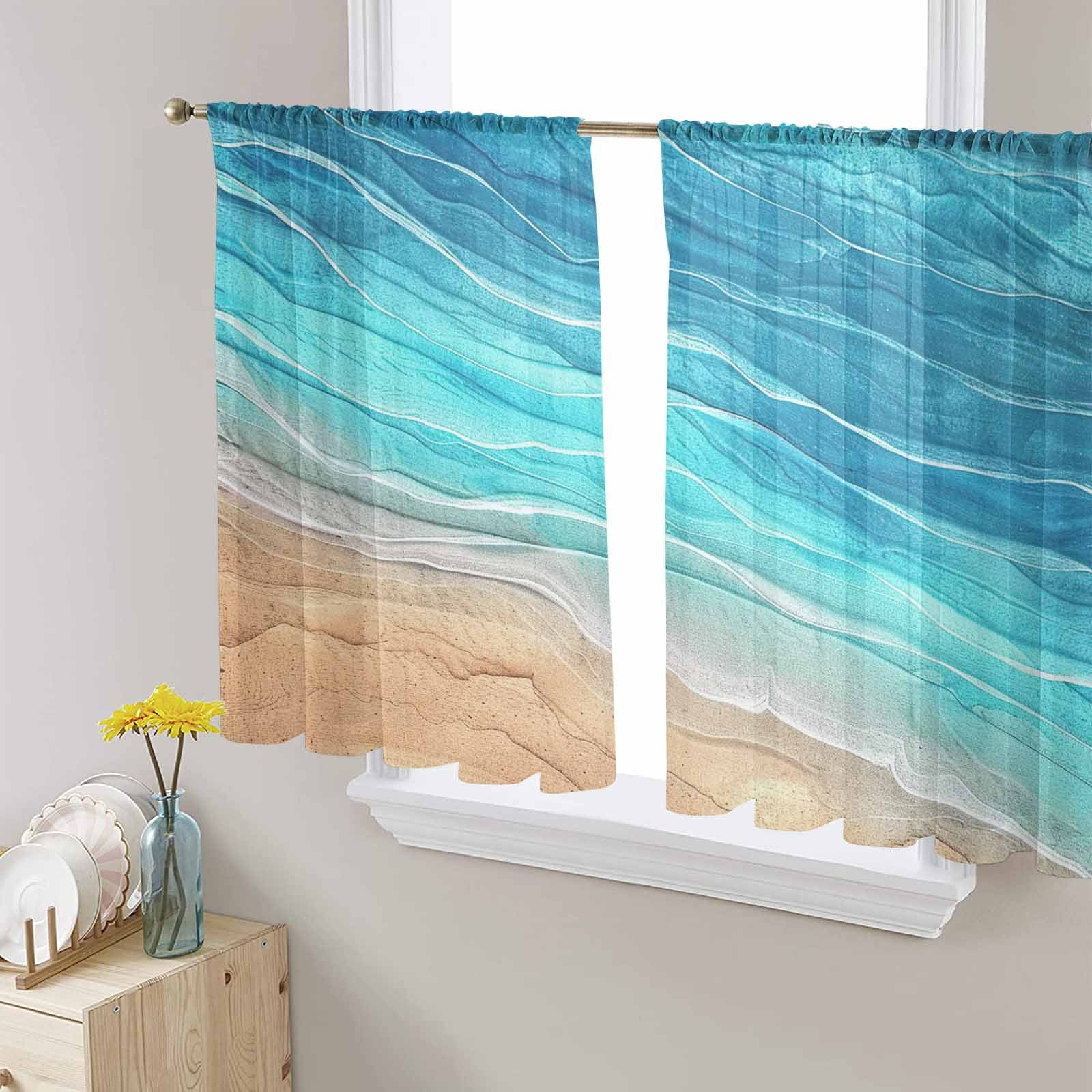 Aqua Ombre Coastal Semi Sheer Curtains 45 Inch Length 2 Panels Set, Summer Nautical Beach Ocean ...
