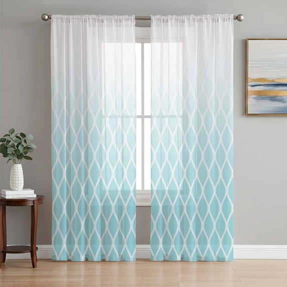 Aqua Ombre Stripe Semi Sheer Curtains 108 Inch Length 2 Panels Set ...