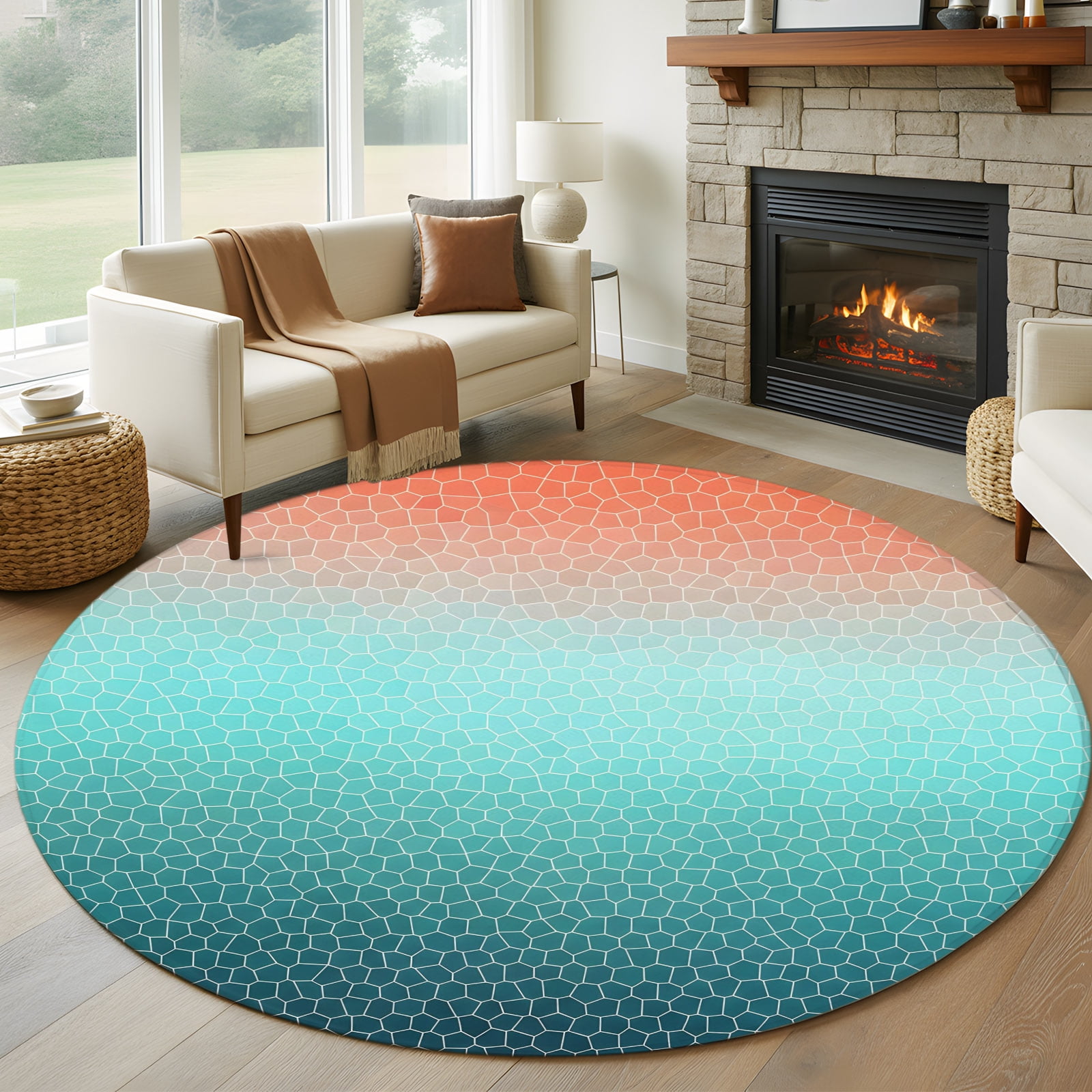 Aqua Orange Mosaic 8FT Round Area Rugs for Living Room Minimalist ...