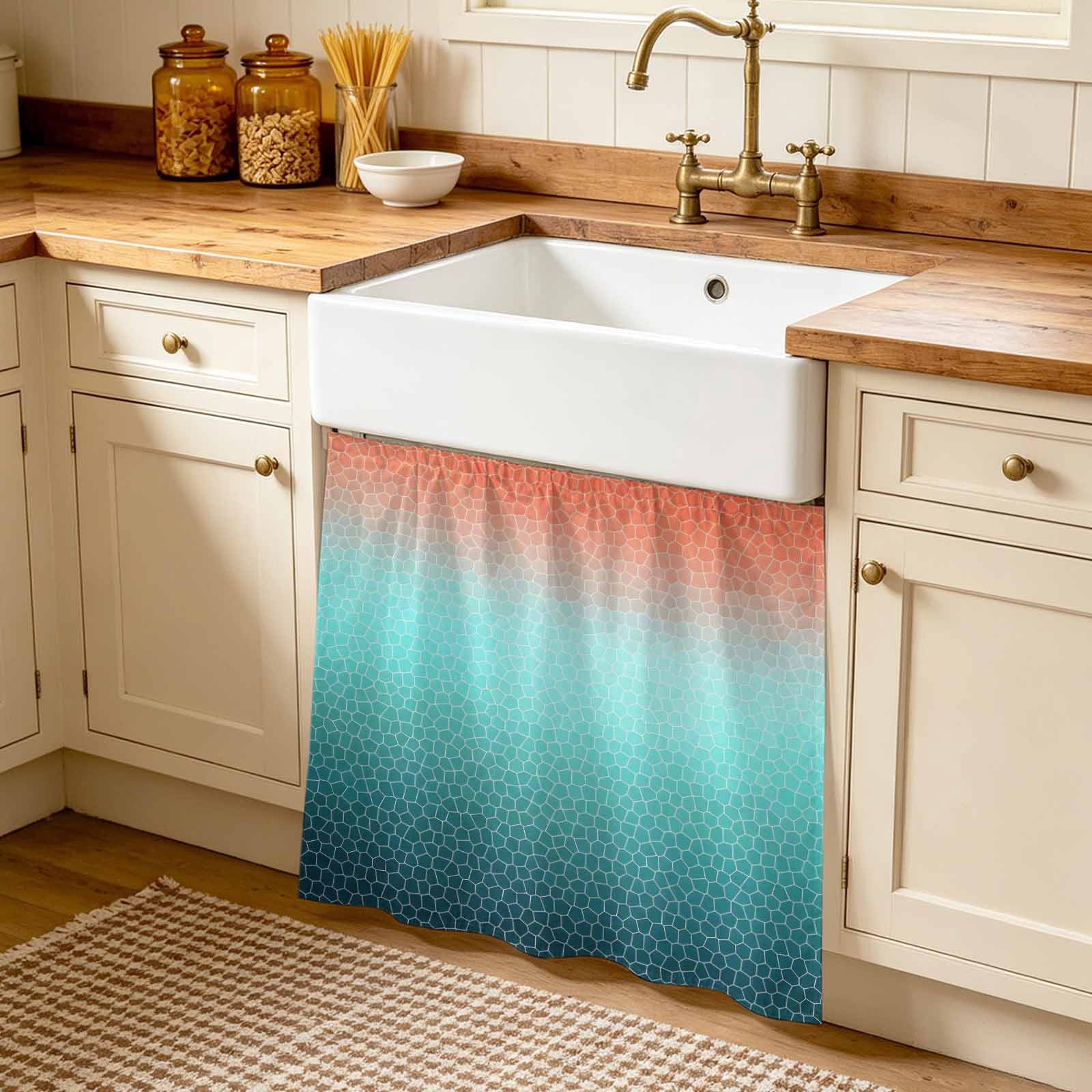 Aqua Orange Mosaic Cabinet Curtain, Minimalist Abstract Hexagonal Grid ...