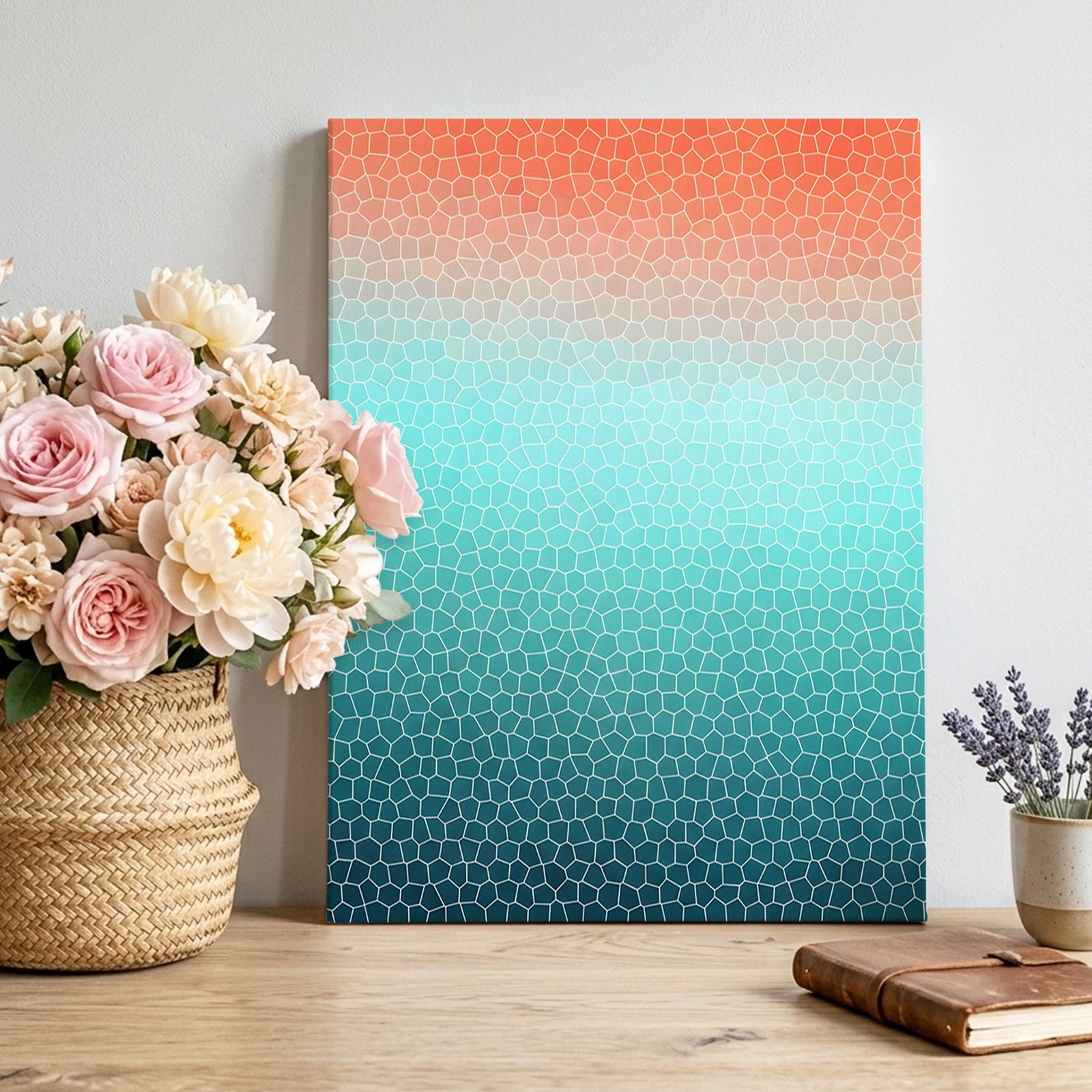 Aqua Orange Mosaic Canvas Wall Art for Living Room, Minimalist Abstract ...