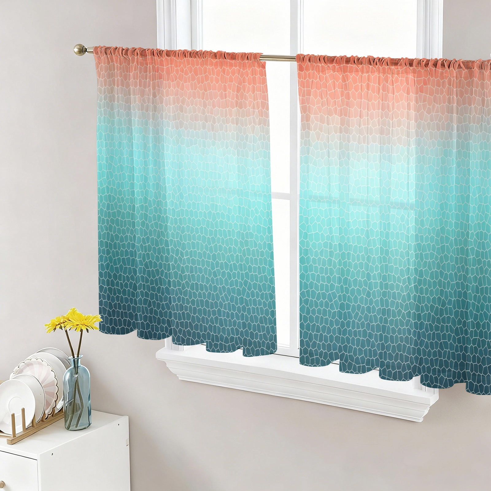 Aqua Orange Mosaic Sheer Curtains for Living Room Bedroom, Minimalist ...