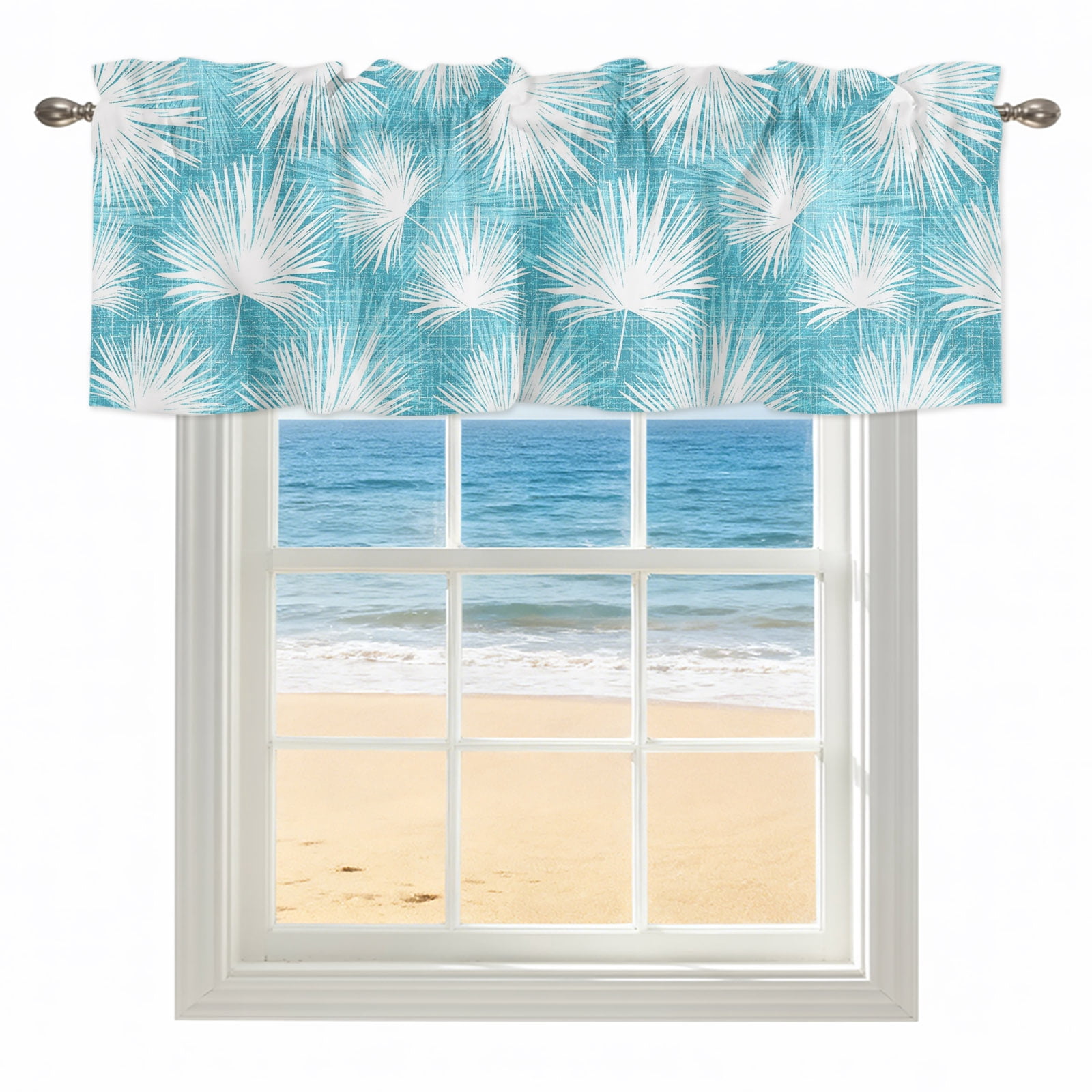 Aqua Palm Fronds Valances for Windows, Rod Pocket Kitchen Valance ...