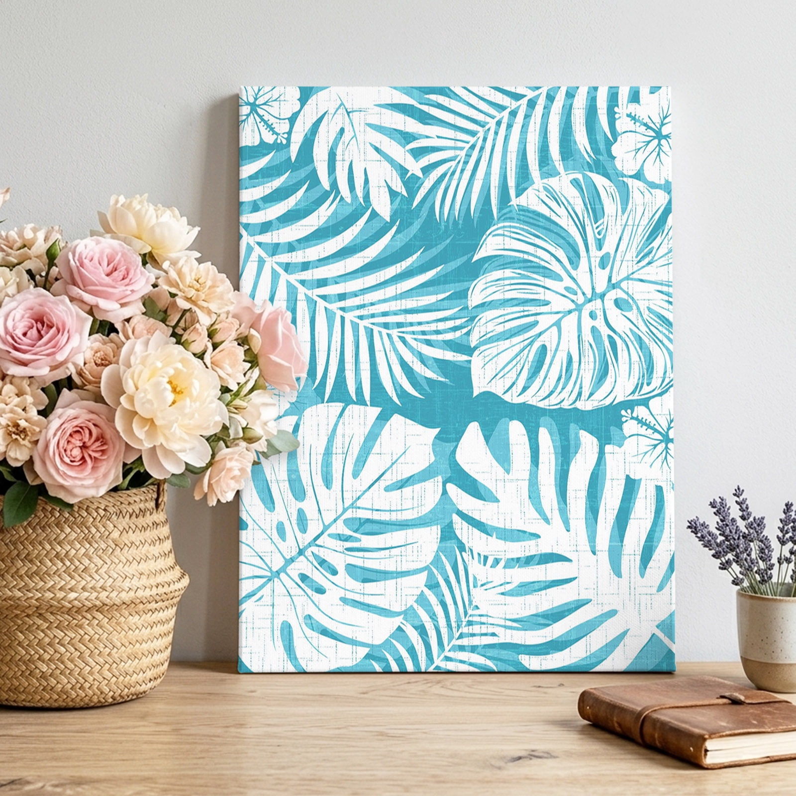 Aqua Palm Leaves Canvas Wall Art for Living Room, Monstera Tropical ...