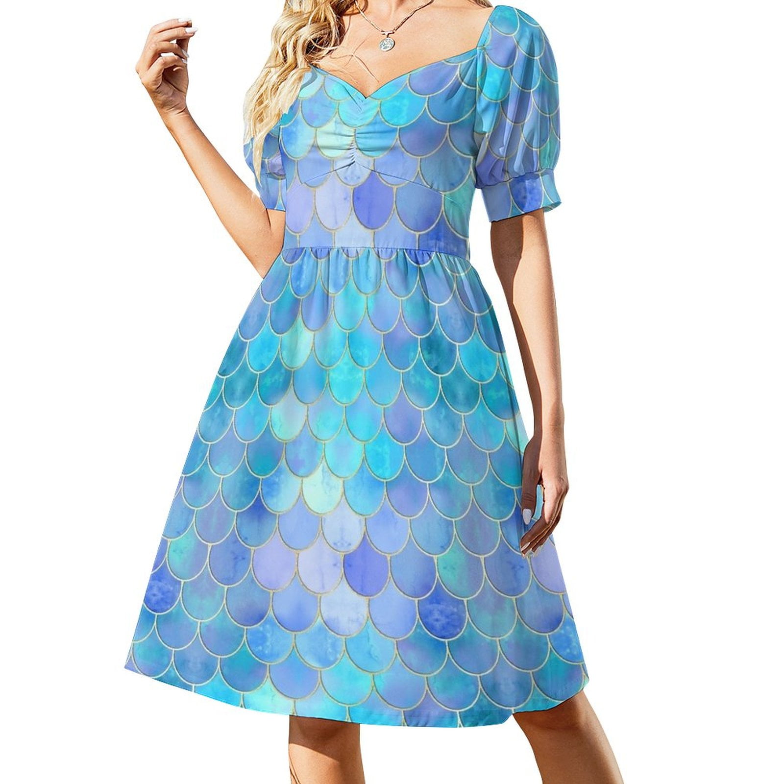 Aqua Pearlescent & Gold Mermaid Scale Pattern Dress long sleeve dresses ...