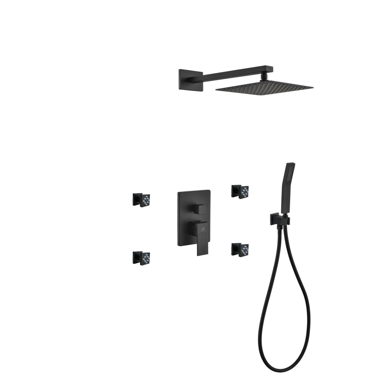 Aqua Piazza Matte Black Shower Set with 8" Square Rain Shower, 4 Body ...
