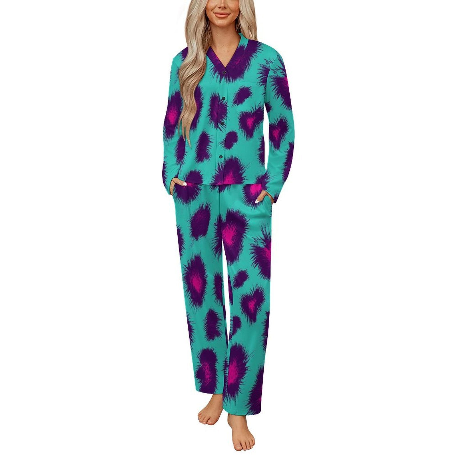 Aqua Pink Purple Animal Print Womens Pyjamas Set Button Up Pyjamas ...