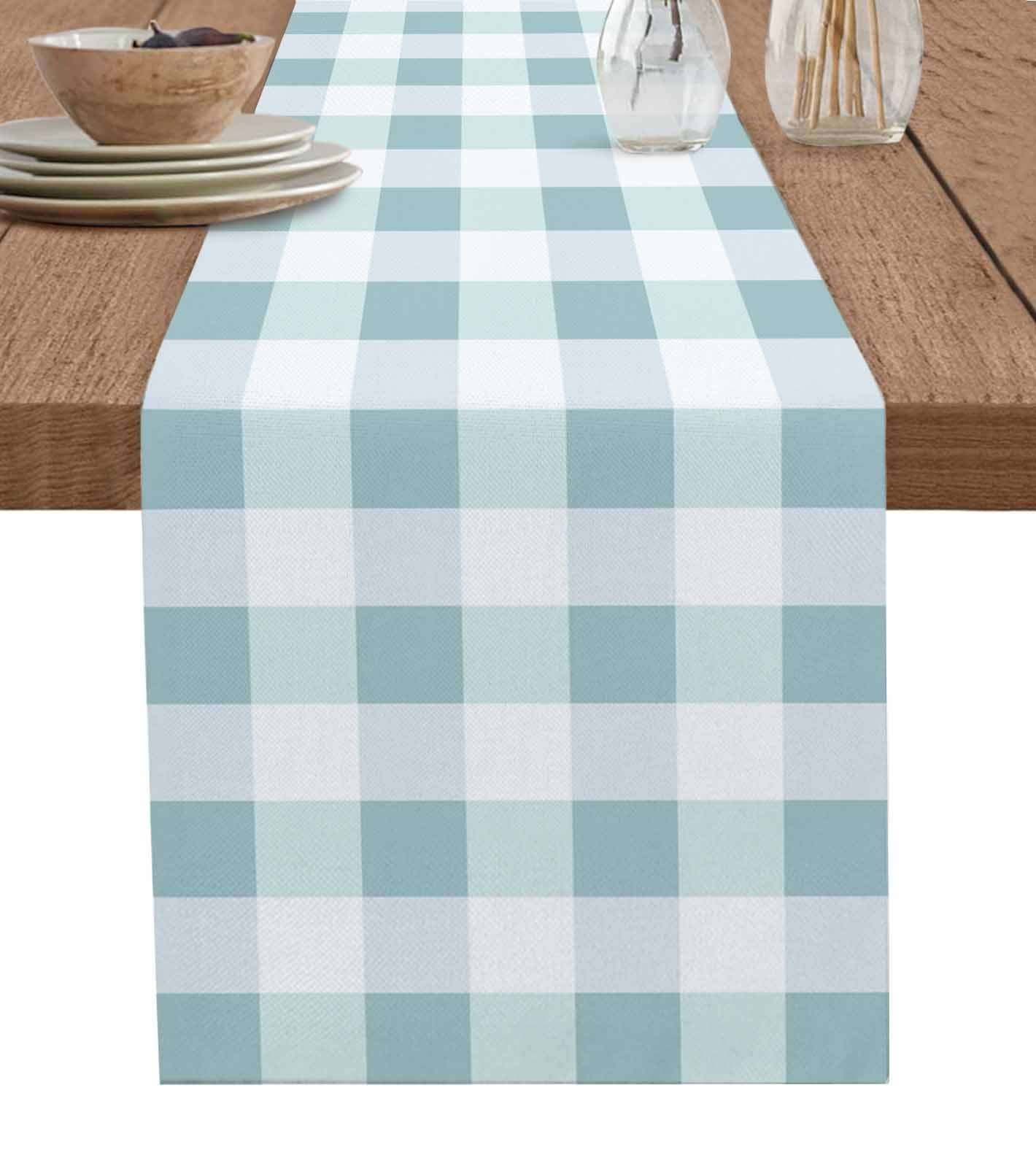 Aqua Plaid Burlap Cotton Table Runner 13x108 Inches Long, Spring Summer ...
