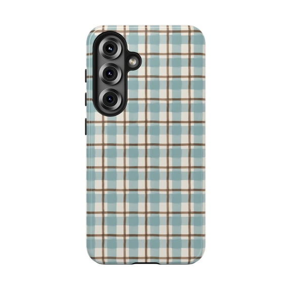 Aqua Plaid Tough Phone Case, Stylish Checkered Dual Layer Protective ...