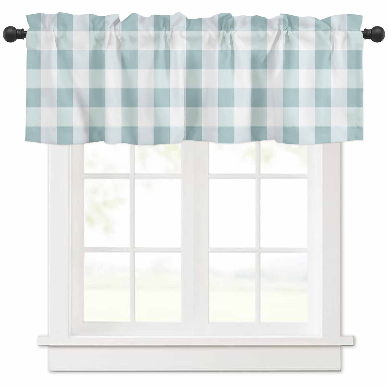 Aqua Plaid Valances for Windows Farmhouse Kitchen Curtains Valances Rod ...