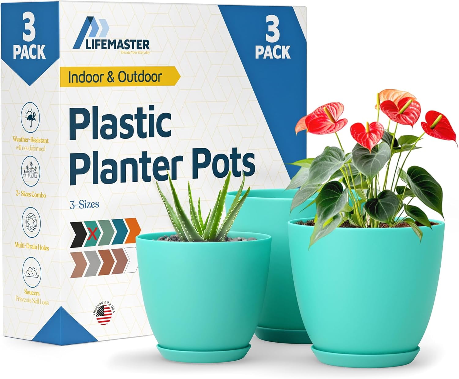 Aqua Plant Pots with Drainage Holes & Saucers 3 Packs, Indoor & Outdoor ...