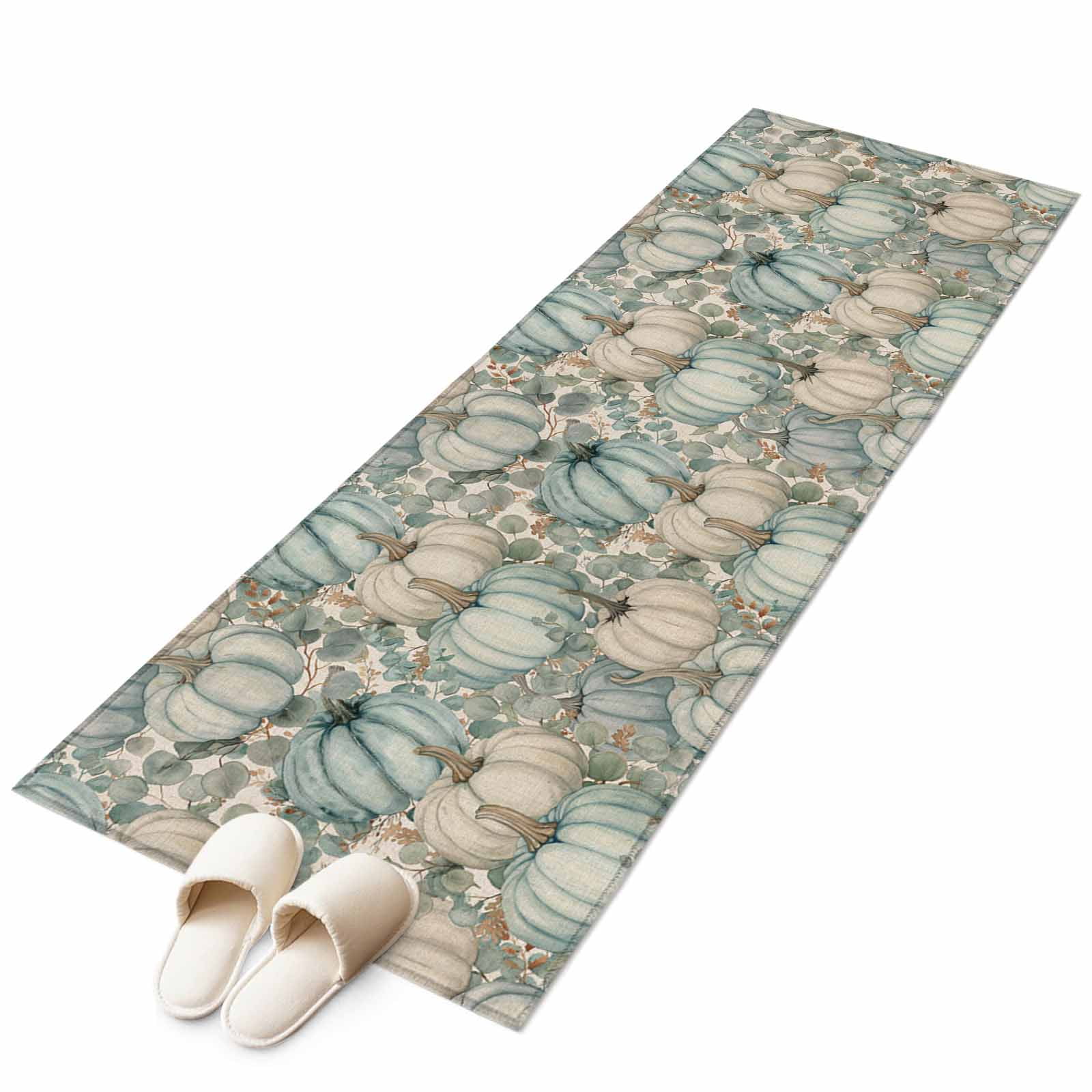 Aqua Pumpkins Fall 2'x6' Runner Rug, Thanksgiving Eucalyptus Leaves ...