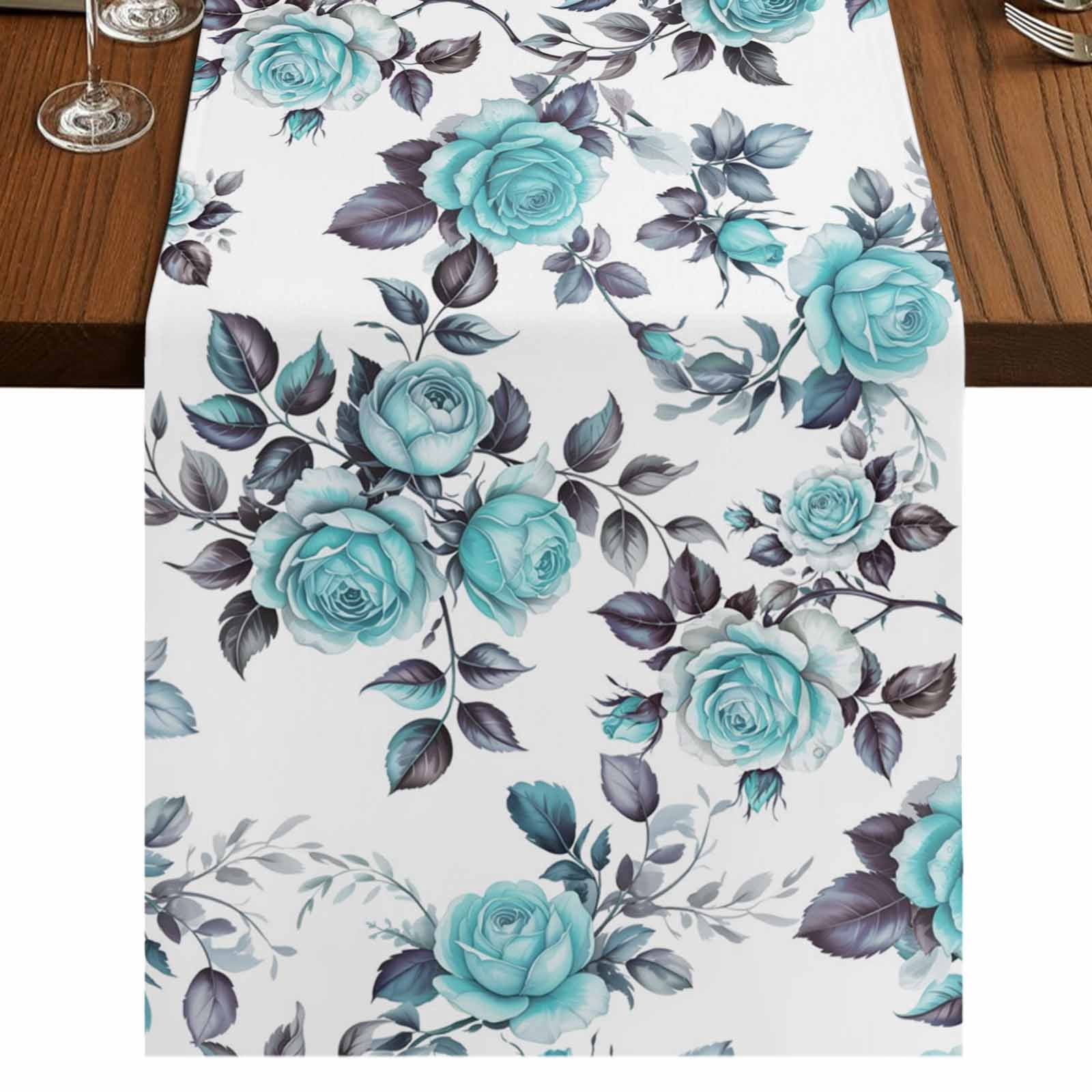 Aqua Rose 120 Inch Table Runner, Rustic Romantic Botanical Floral Vines ...