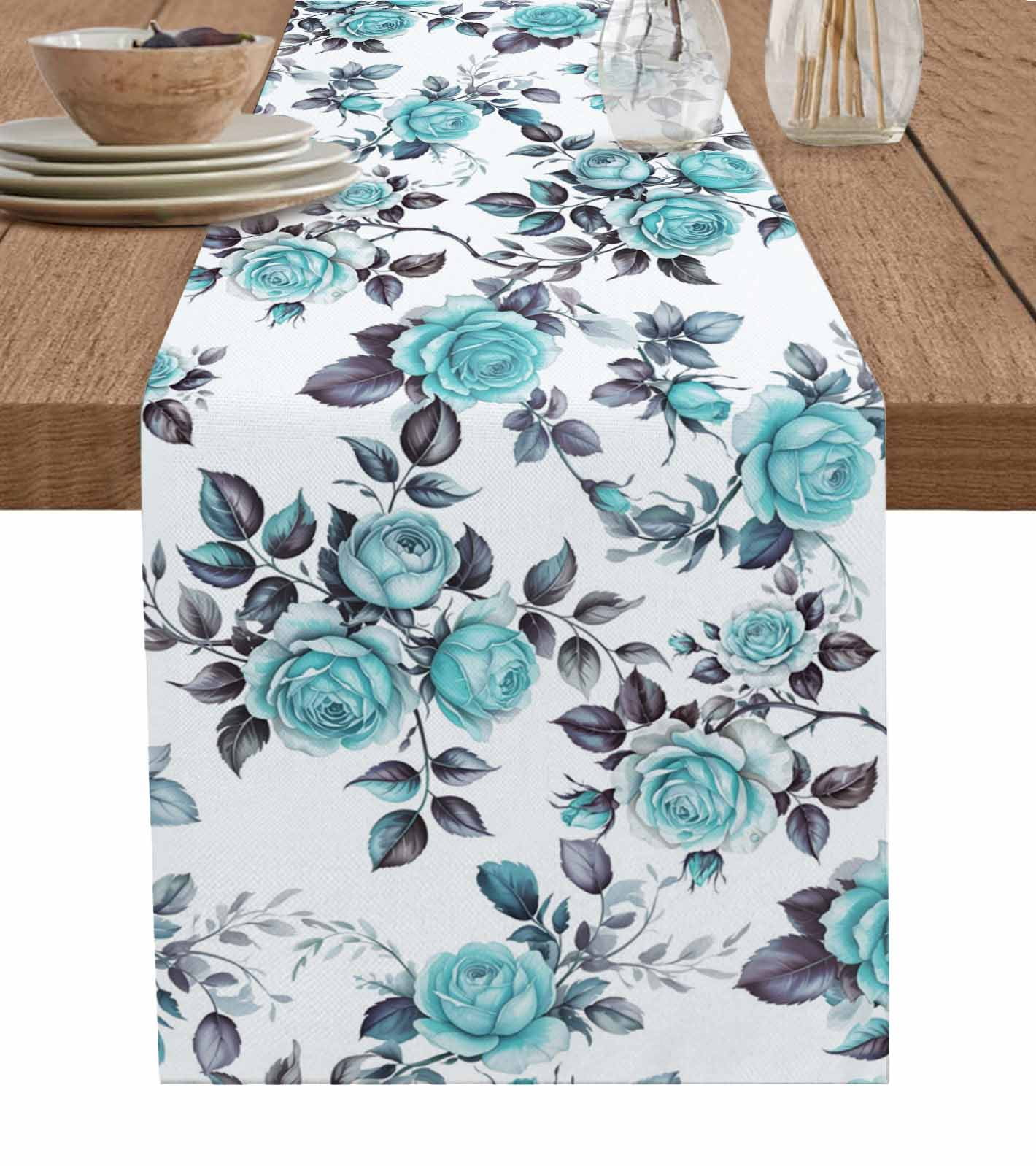 Aqua Rose Burlap Cotton Table Runner 13x108 Inches Long, Rustic ...