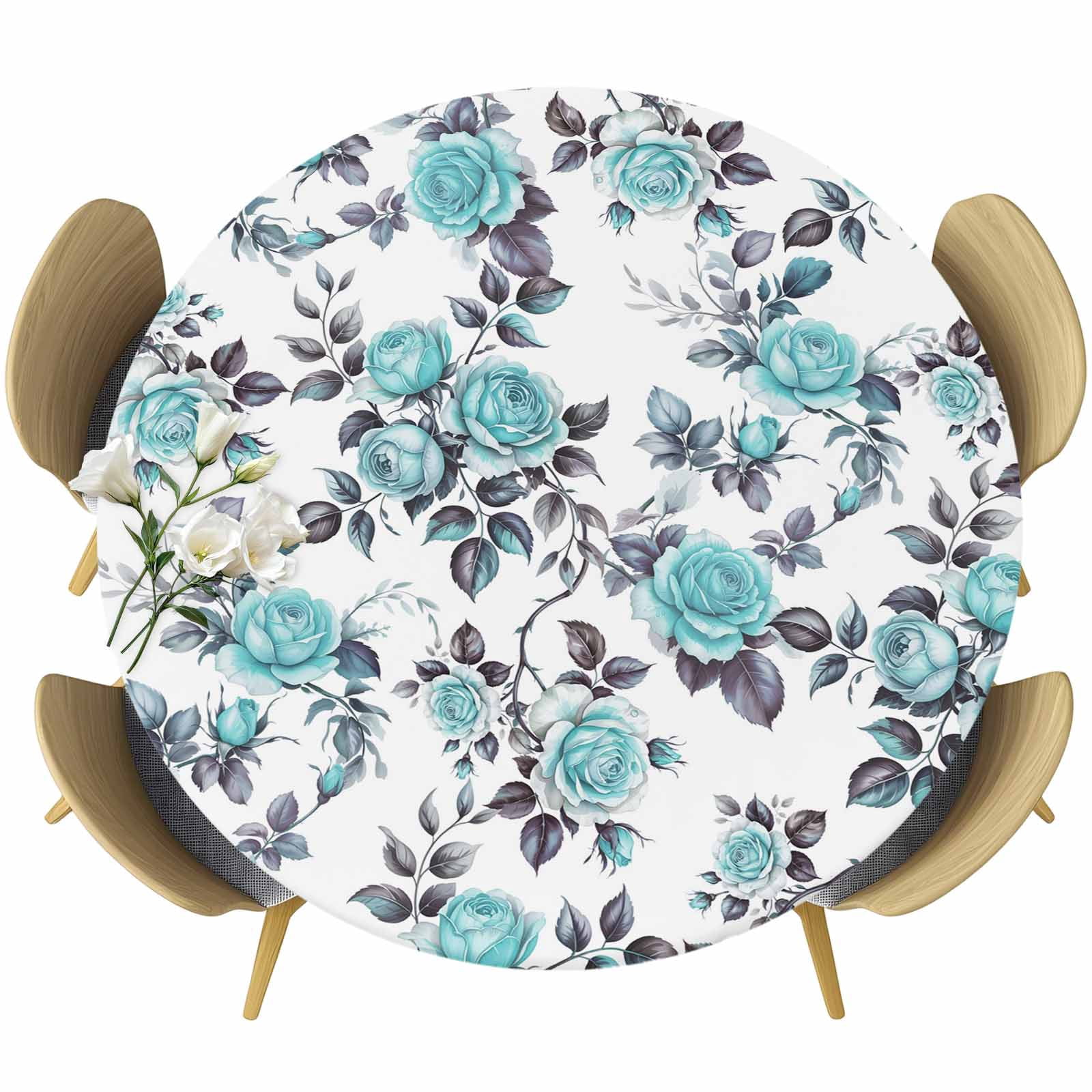 Aqua Rose Round Tablecloth, Fitted Table Cover with Elastic for 45"-54 ...