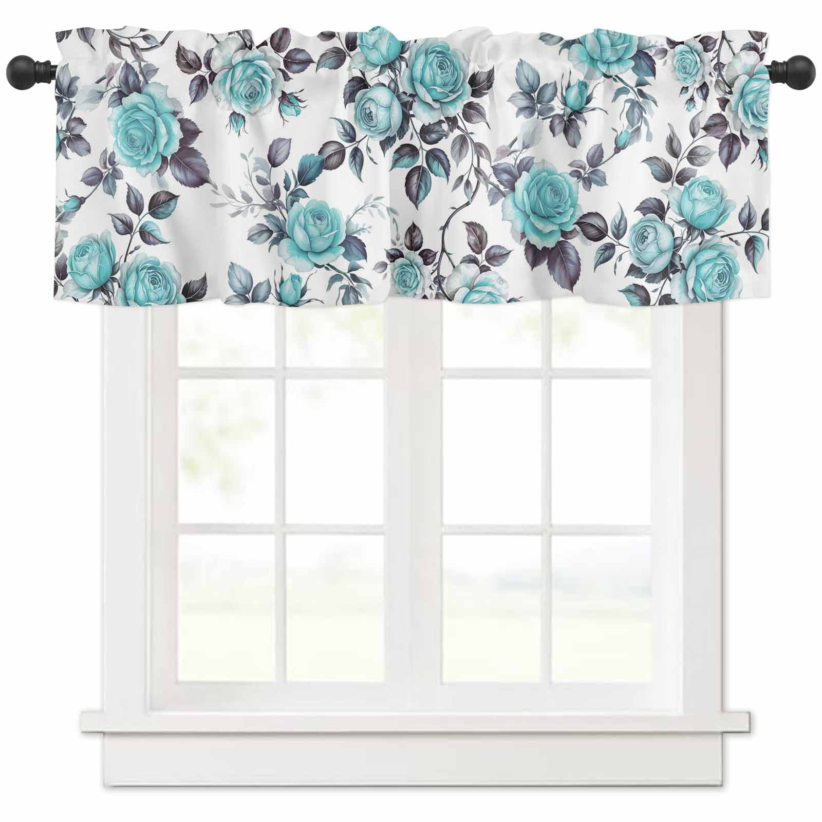 Aqua Rose Valances for Windows Farmhouse Kitchen Curtains Valances Rod ...