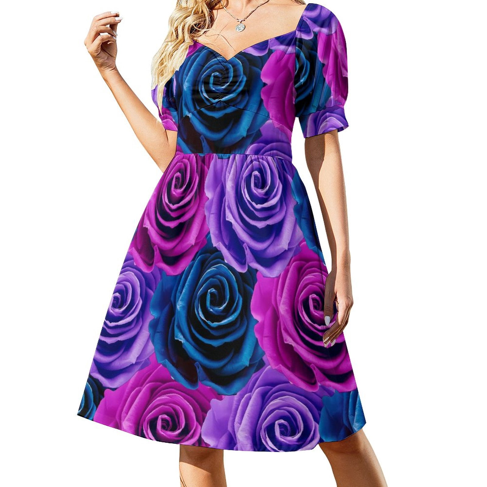 Aqua Roses Dress Abstract Flower Print Elegant Dresses Female Short ...