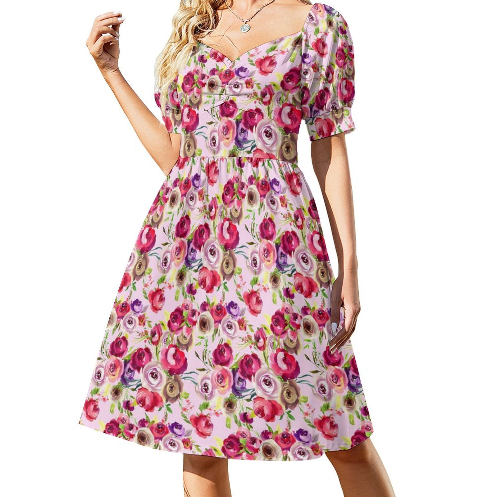 Aqua Roses Dress Abstract Flower Print Elegant Dresses Female Short ...