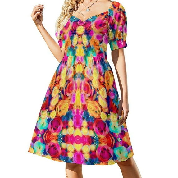 Aqua Roses Dress Abstract Flower Print Elegant Dresses Female Short ...