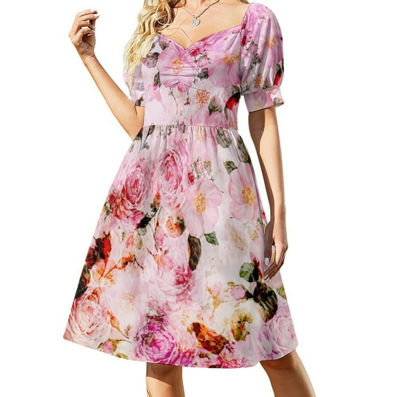 Aqua Roses Dress Abstract Flower Print Elegant Dresses Female Short ...