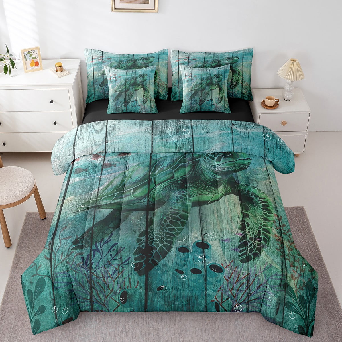 Aqua Sea Turtle Bedding Comforter Sets 7-Piece Marine Ocean Theme Bed ...