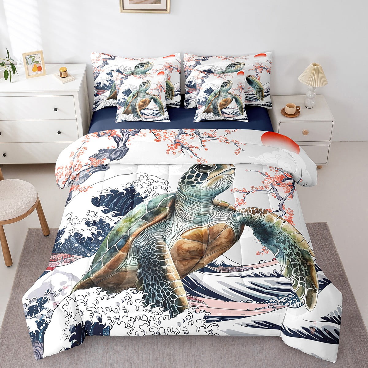 Aqua Sea Turtle Bedding Comforter Sets 7pcs Vintage Japanese Bed in a Bag, Chic Cherry Blossoms ...
